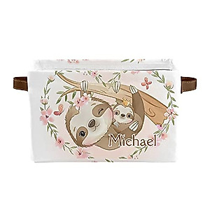 Personalized Sloth Love Mom Storage Basket Bin with Name Large Storage Cube Box with Handles for Home Office Bedroom Closet Shelves(1 Pack)