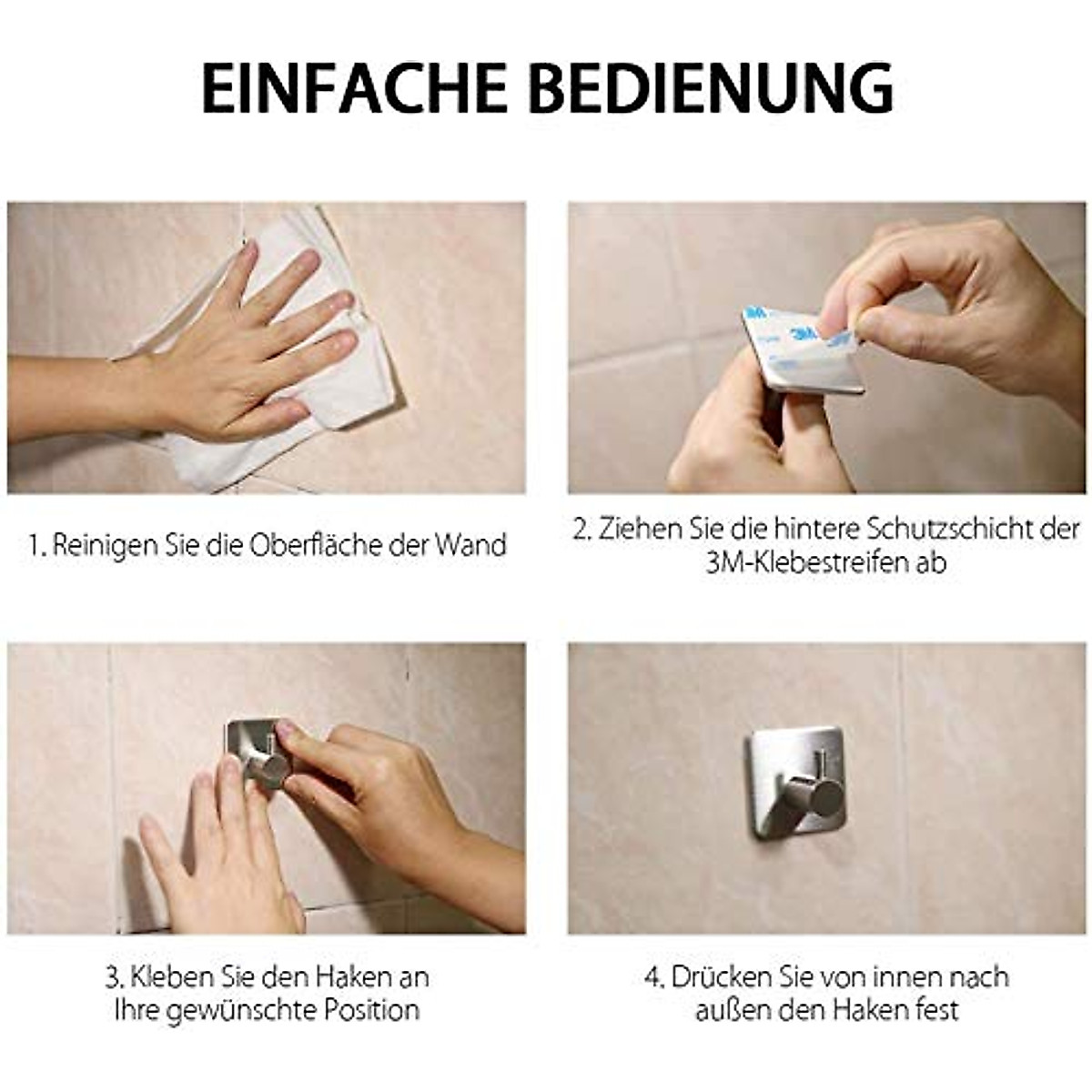 Self Adhesive Hooks 4 Pack, Brushed Stainless Steel Adhesive Door Hooks, Coat Hooks,Towel Hooks， Anti-Rust Waterproof Sticky Hooks for Kitchen Bathroom Office Toilet, No Drill Glue Needed