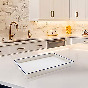 Rectangle Serving Tray- Indoor & Outdoor Platter for Home Entertaining, Cocktail Hour, Snacks, Decorative Display for Jewelry, Candles, Barware, & Perfume, White/Blue