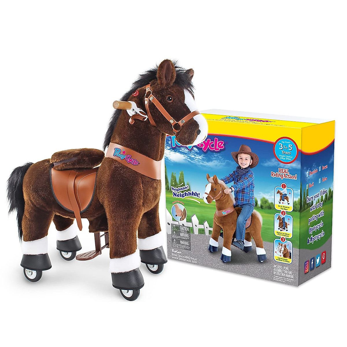 PonyCycle Ride on Horse Toy for Toddlers Classic Model U (with Brake/ 30" Height/Size 3 for Age 3-5) Riding Horse Toy Chocolate Brown Ux321