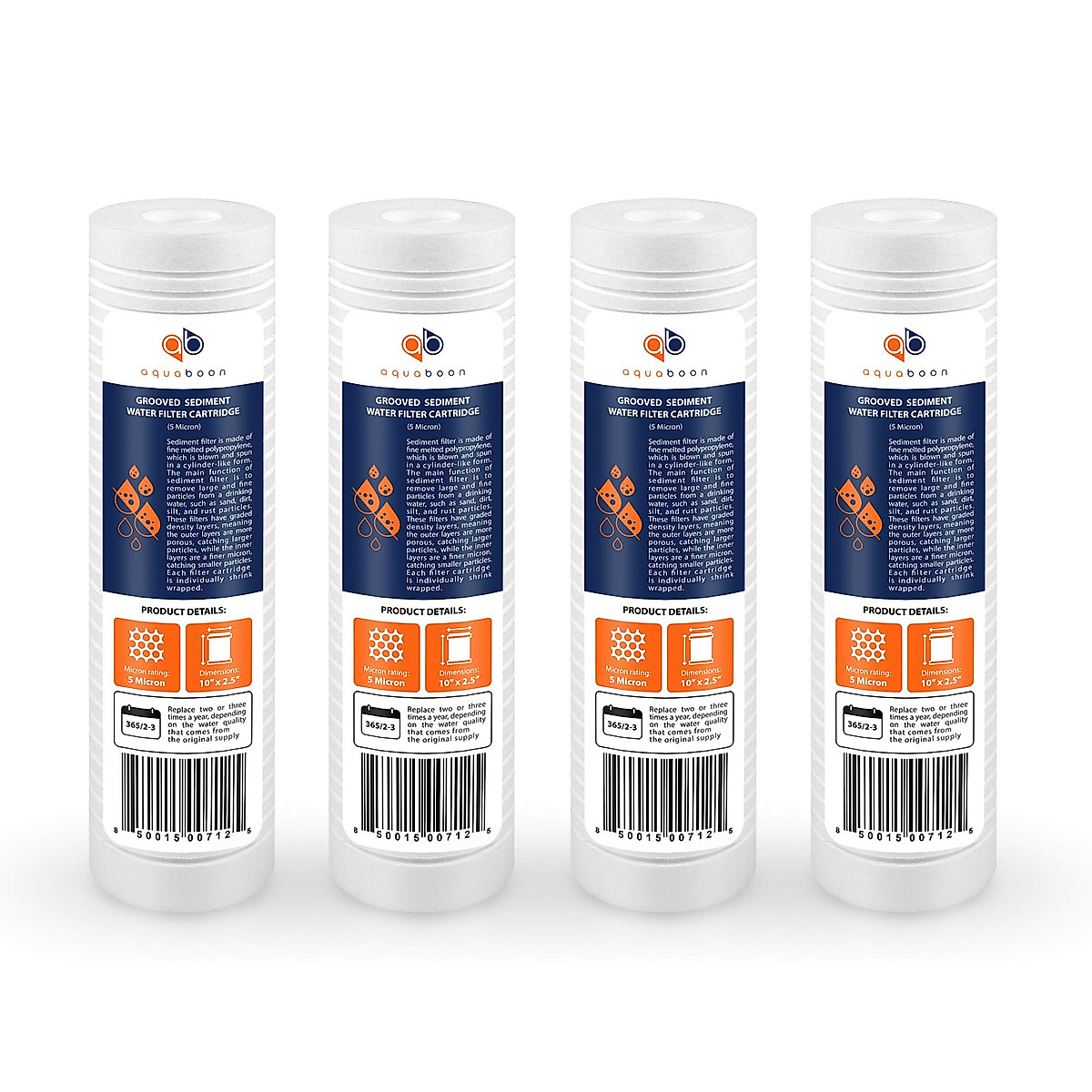 Aquaboon 4-Pack 5 Micron String Wound Water Filter Cartridge | Universal Whole House 10 x 2.5 inch Cartridges & Aquaboon 4-Pack 5 Micron Grooved Sediment Water Filter Cartridge