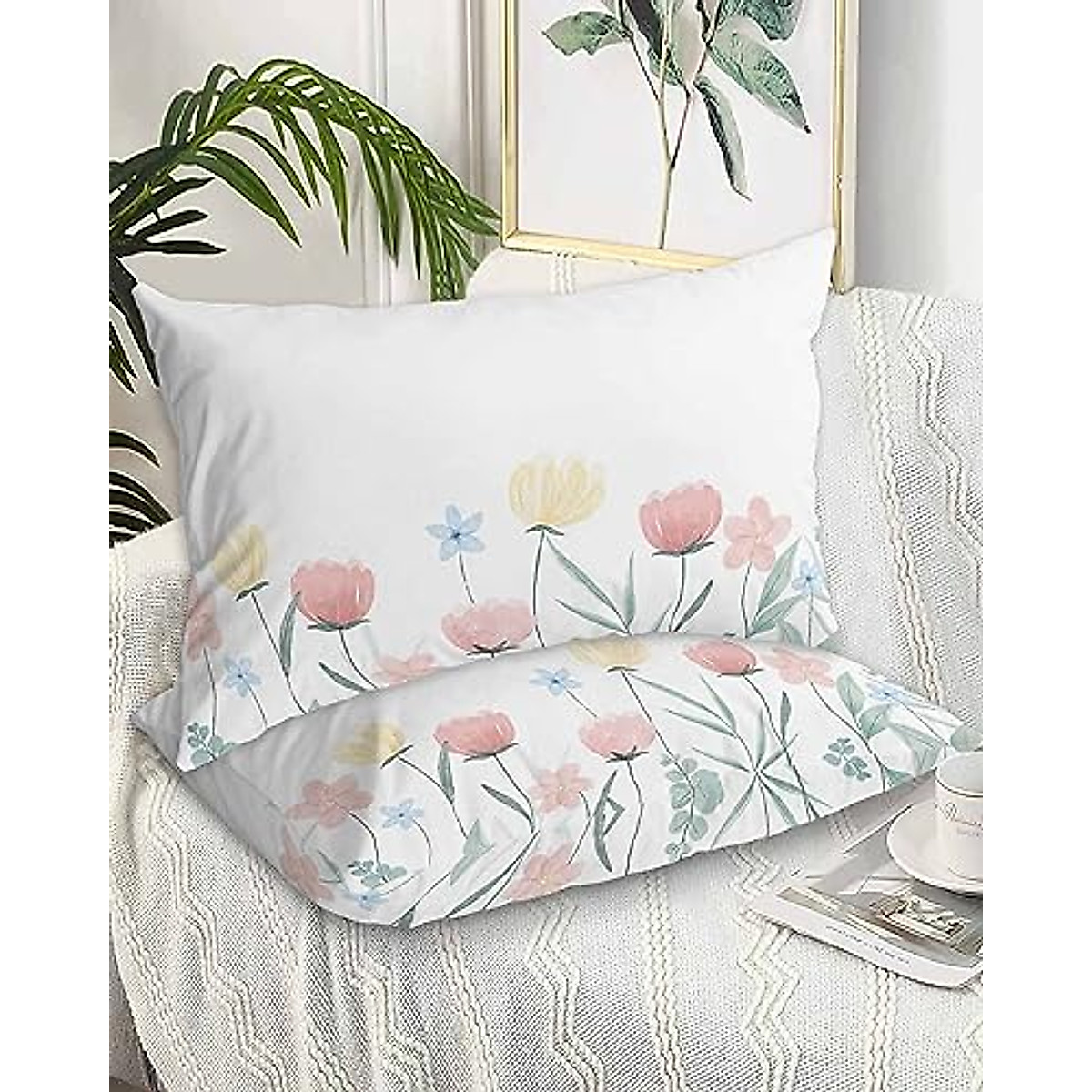 Edwiinsa Spring Floral Pillow Covers Standard Size Set of 2 20x26 Bed Pillow, Watercolor Colorful Summer Flowers Plush Soft Comfort for Hair/Skin Cooling Pillowcases with Envelop Closure