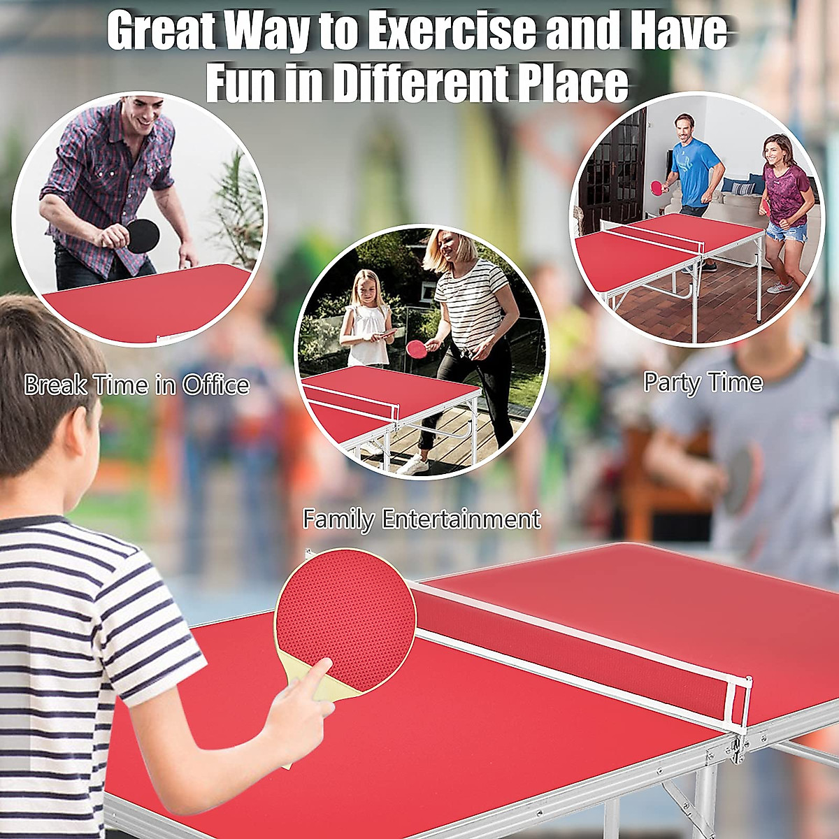 Goplus Foldable Ping Pong Table, 100% Preassembled, Portable Table Tennis Table Game Set with Net, 2 Table Tennis Paddles and Ping Pong Balls for Indoor Outdoor Use (Red-60'')
