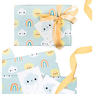 Baby Shower Wrapping Paper Set with ribbon and tags - Baby Gift Wrap Bundle - Perfect for Gender Neutral Baby Gift - Rainbow Wrapping Paper Gift Set w/ Qty. 3 sheets 27” x 39” Folded Baby Gift Wrap (3) + 3 Meters of Yellow Ribbon & 3 Cloud Baby Gift Tags