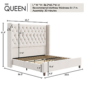 PaPaJet Queen Bed Frame 61.4" Tall Headboard Upholstered Velvet Platform Bed with Handmade Deep Button Tufted/No Box Spring Required/Cream