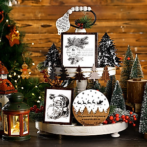 11 Pcs Christmas Tiered Tray Decor Set Wood Christmas Table Decor Farmhouse Trees Santa Claus Reindeer Pine Cone Wooden Tabletop Signs for Xmas Home Party