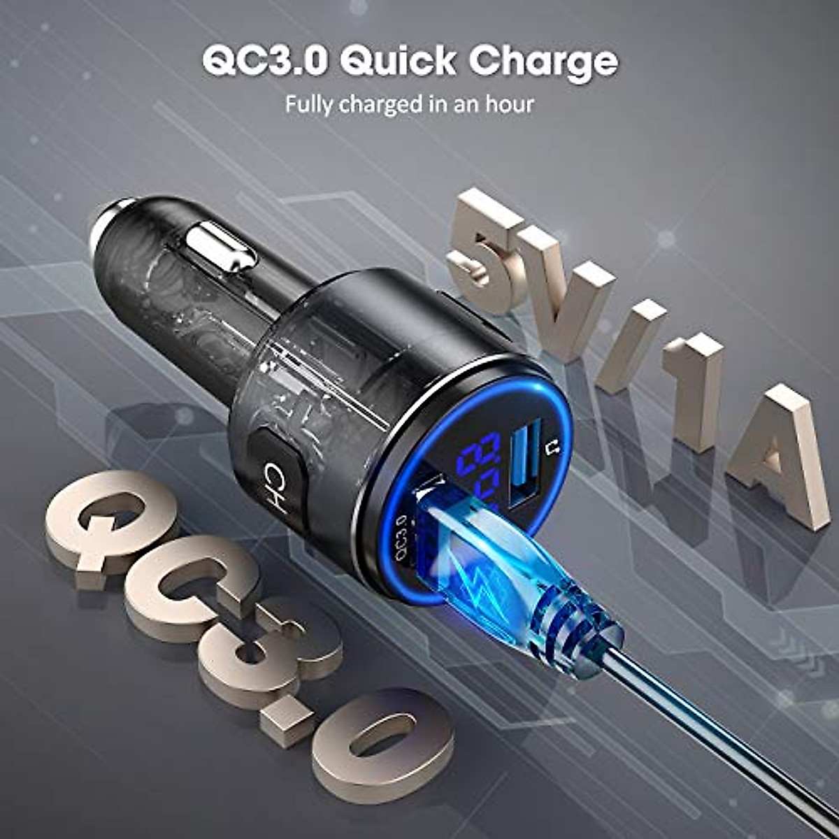 Virfine Bluetooth FM Transmitter Car, V5.0 Bluetooth Car Adapter, Bluetooth Radio Car, MP3 Player QC3.0 Quick Charge, Hands Free Calling, 2 Playing Modes, Blue led Display, Black, Medium (BH347)