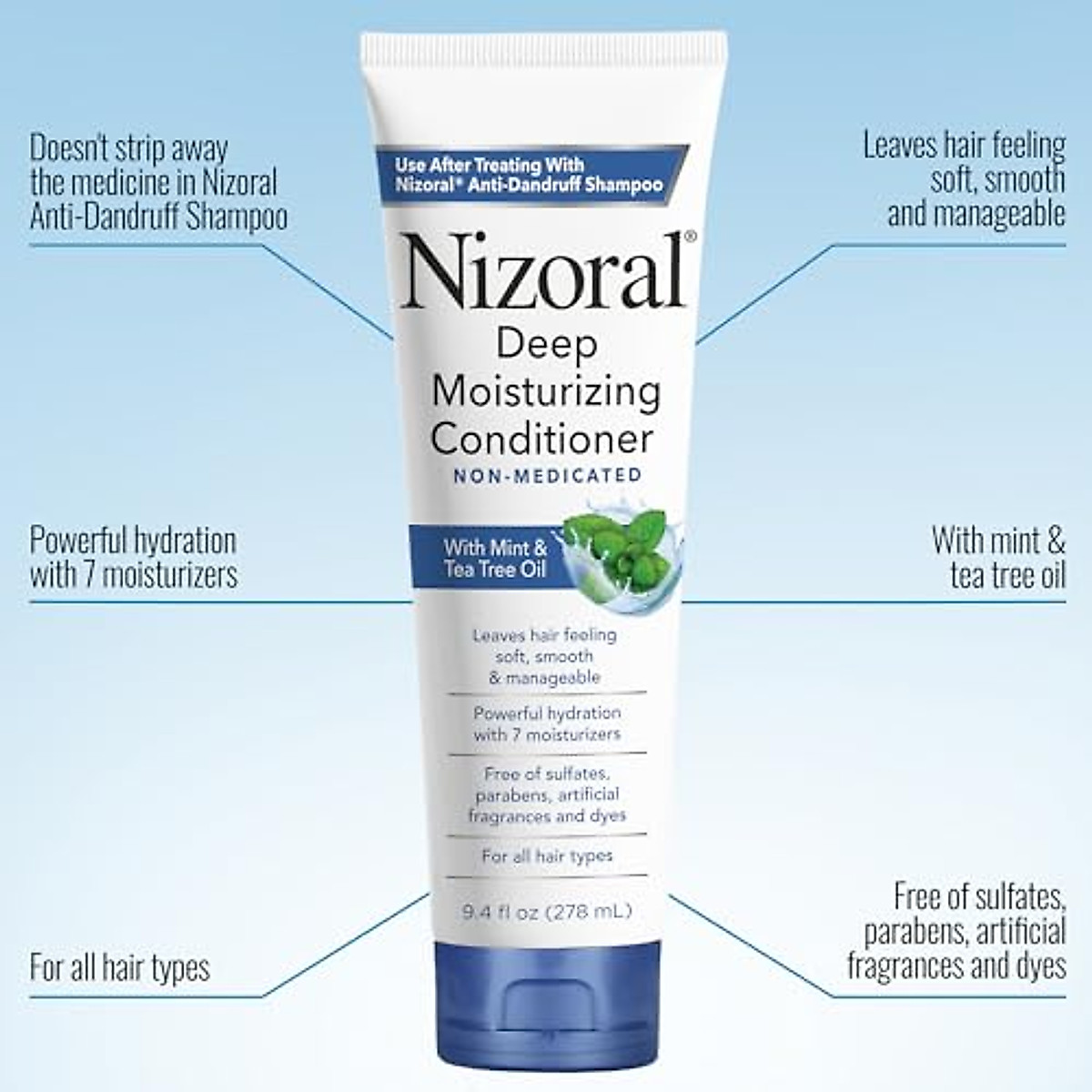 Nizoral Deep Moisturizing Conditioner with Mint & Tea Tree Oil for All Hair Types - Free of Sulfates, Parabens, Artificial Fragrances and Dyes, 9.4 oz