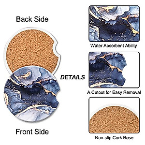 Dksyee Car Cup Holder Coasters 2 Pack Blue Cute Car Coasters for Women & Men Absorbent Ceramic Car Coasters with A Finger Notch for Easy Removal Universal Auto Anti Slip Insert Drink Coaster