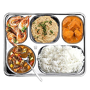 Tebery 3 Pack Stainless Steel Rectangular Divided Plates Tray, 5 Sections Dinner Plates for Adults,Kids, Picky Eaters, Campers, and Portion Control