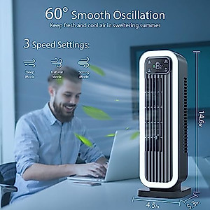 Small Tower Fans Oscillating Whisper Quiet for Home,15 Inch 12000mAh Battery Operated Bladeless Fan for Bedroom,Table Fan with Dimmable Lights, Portable Standing Fan Cooling Fan for Office,Living Room