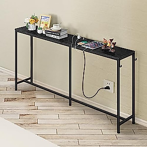 Black Console Table with Outlet Narrow Long Entryway Table Skinny Couch Table Behind Sofa Table with Charging Station and Hooks Modern Hallway Table for Living Room Foyer Corridor