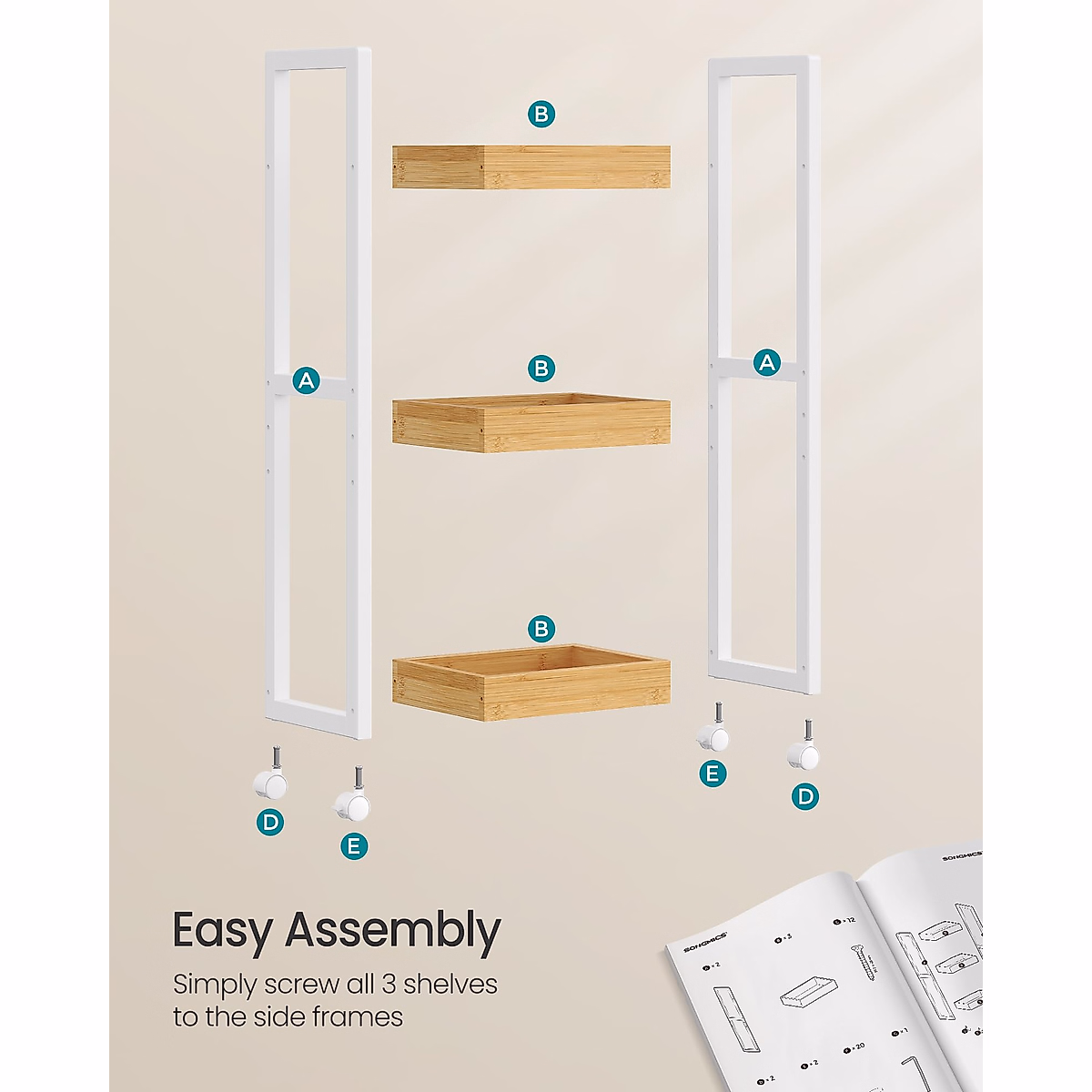 SONGMICS Bamboo Rolling Cart, 3-Tier Utility Cart on Wheels, Slim Narrow Storage Shelf, Bamboo Shelves, Space-Saving, Multifunctional, for Bathroom, Kitchen, White and Natural UBCB083N02