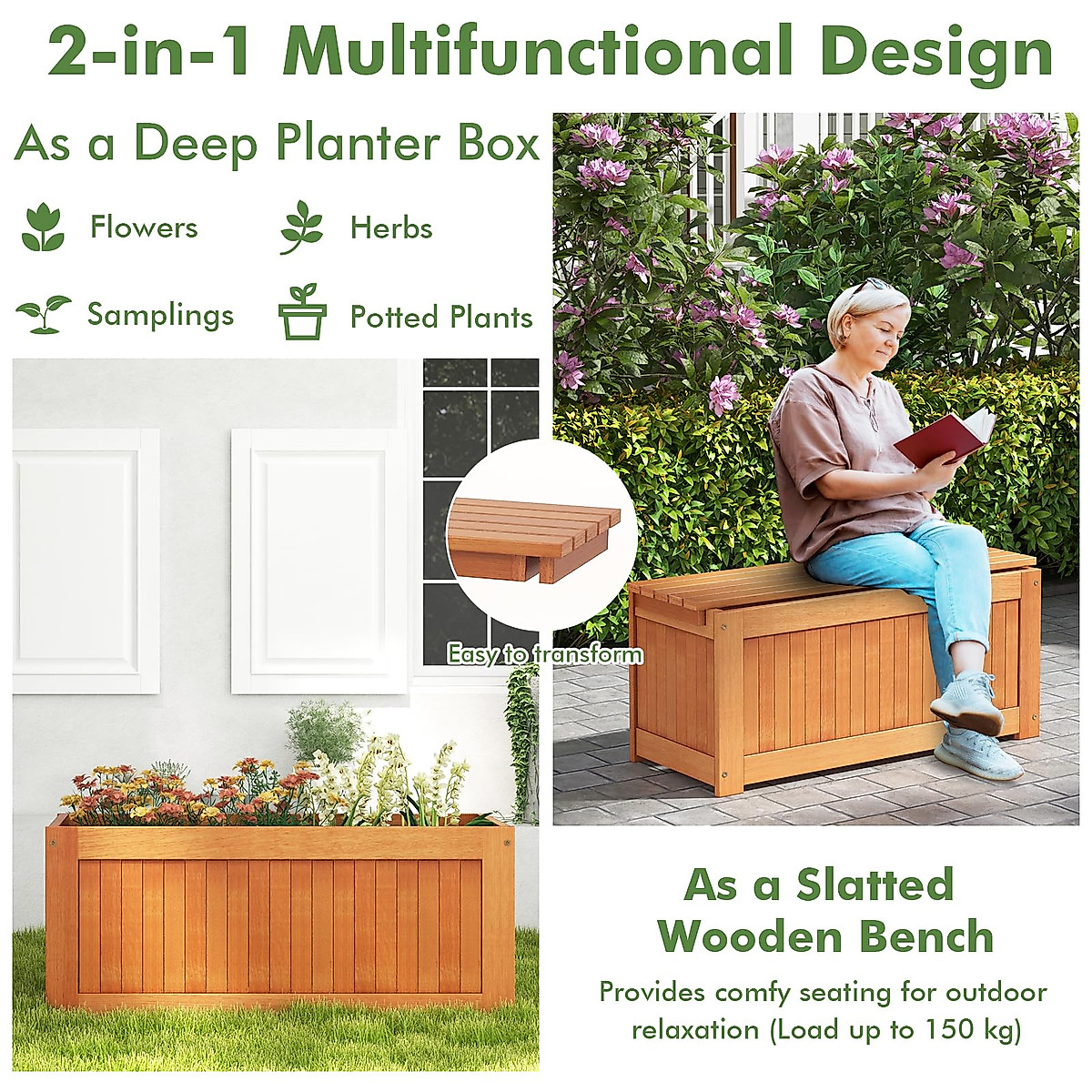Toolsempire Outdoor Planter Bench, 45 Gallon Outdoor Bench Wooden Raised Garden Bed with Planter Box, 2-in-1 Wood Planter Bench Deck Plant Box for Porch, Patio, Garden & Backyard