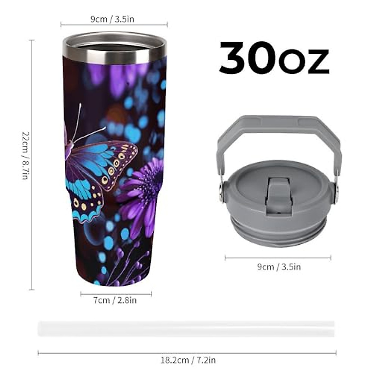 BWQJKUO Large Capacity Car Cup 30 Oz Stainless Steel Purple Butterfly And Flowers Printed Travel Mug Leak-proof Flip Straw Tumbler with Handle,keeps Cold Or Ho