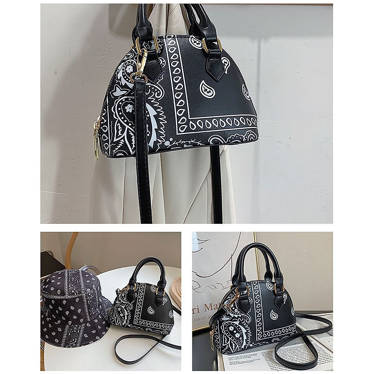 U Scinan Patent Leather Top Handle Tote Bag Mini Zip Around Dome Shoulder Bag Shell Shape Cross Body Handbag Purse Satchel