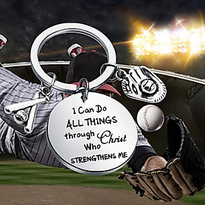 LQRI Baseball Keychain Baseball Player Gift Baseball Coach Gift I Can Do All Things Through Christ Who Strengthens Me Keychain Baseball Jewelry Softball Jewelry Gift (sliver)
