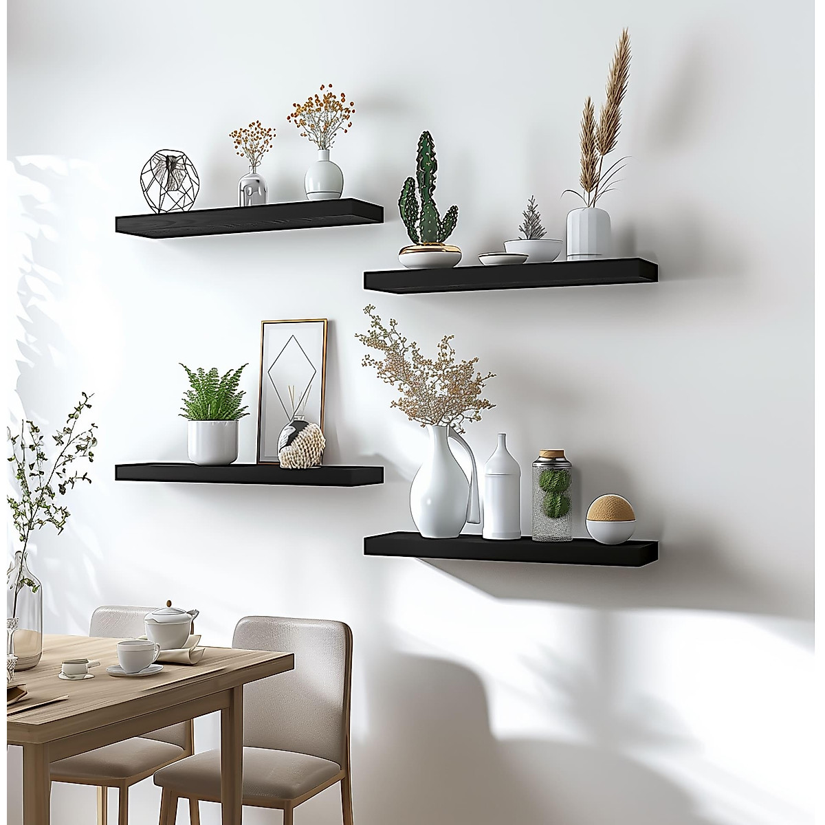 YYWUOJJ Wood Floating Shelves for Wall Decor, Rustic Wall Shelves for Bedroom Bathroom Kitchen Living Room, Set of 6 Black