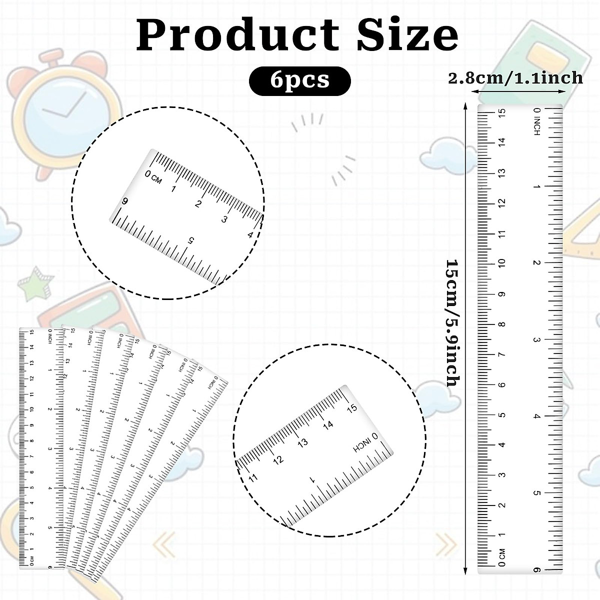 6Pcs 6 inch Ruler Clear Plastic Ruler Plastic Ruler Drafting Tools, Straight Shatterproof Rulers Transparent Rulers for Office Supply Ruler (Clear)