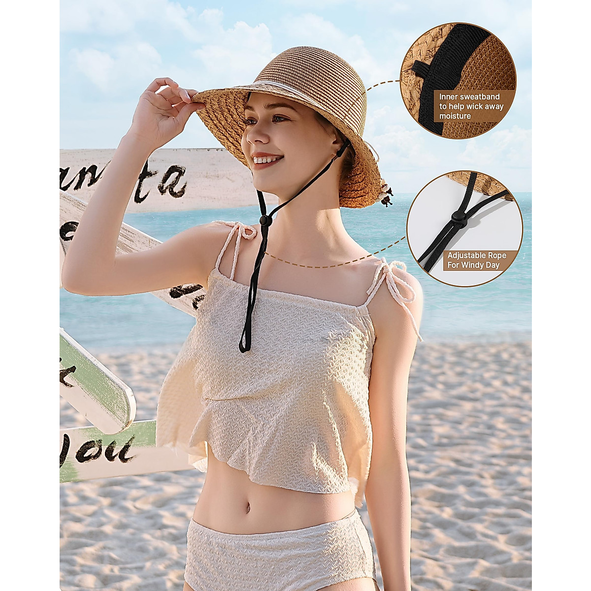 Beach Hats for Women, Beach Hat Womens UPF 50+, Straw Hat for Women Sun Hat Foldable Roll up Cap Khaki
