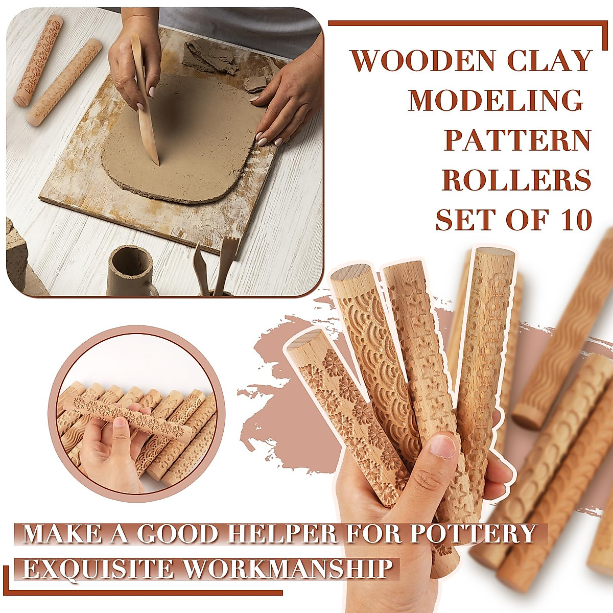 Lzttyee Set of 10 Wooden Handle Pottery Tools Clay Modeling Pattern Rollers Kit Brown (Set of 10)