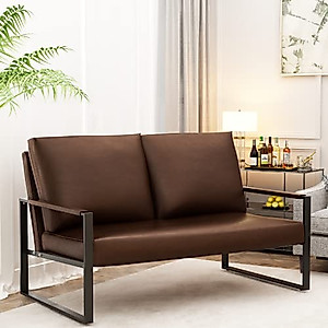 DLKGG Modern 45" Loveseat Sofa Couch, Faux Leather Small Loveseat Sofa with Ergonomic Cushion & Scratch Resistant Foot Mats, 2-Seater Loveseat Sofa for Living Room, Office, Reception Room(Brown)