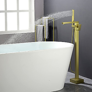 SHAMANDA Freestanding Bathtub Faucet Single Handle Bath Tub Filler Faucet with Hand Shower Brushed Gold, Floor Mount, FL801-3