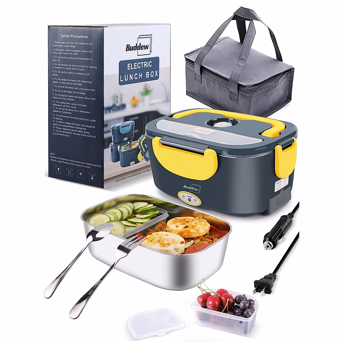 Buddew Electric Lunch Box 80W Food Heater for Adults, 12/24/110V Portable Lunch Warmer Upgraded Heated Lunch Box for Car/Truck/Office with SS Fork&Spoon and Insulated Carry Bag(Yellow)