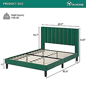 YITAHOME Queen Size Bed Frame, Green Upholstered Bed Frame with USB Ports, Vertical Channel Velvet Headboard Platform Bed Frame, No Box Spring Needed, Easy Assembly