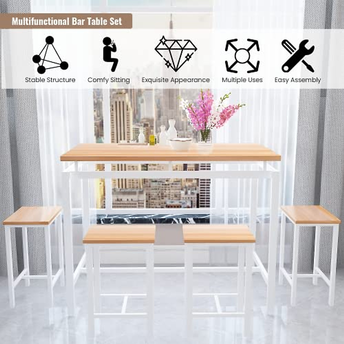 AWQM Bar Table Set,5 Pcs Dining Table Set,Counter Height Table with 4 Chairs,Industrial Kitchen Table and Chairs for 4, Wood Pub Table Set, Dining Room Table Set for Small Spcace,Beige