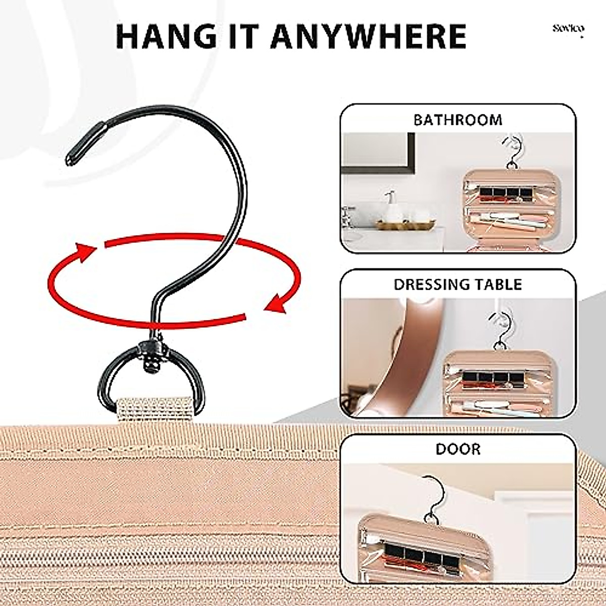 SOVICO Large Travel Toiletry Bag for Women with Extra 4 Travel Bottles, Hanging Toiletry Bag with 360° Rotatable Hook, Travel Bag for Full-Sized Cosmetic Bag with Makeup Brush Compartment-Black