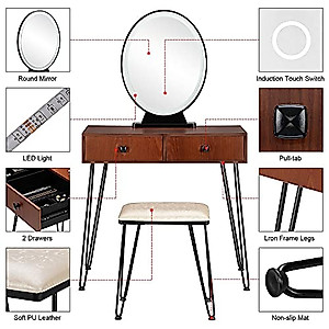 WYKDD Dresser Set Dressing Table Bedroom Wrought Iron Dresser Black Iron feet Brown Table top Built-in 3 Color led