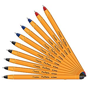 AZOR Yellow Pin Point Fine Point Writing Pens 0.7mm with Hole for Retractable Cord, Chain, Clipboard or Countertop – Assorted (10 Pieces: 5 Black, 3 Blue, 2 Red)