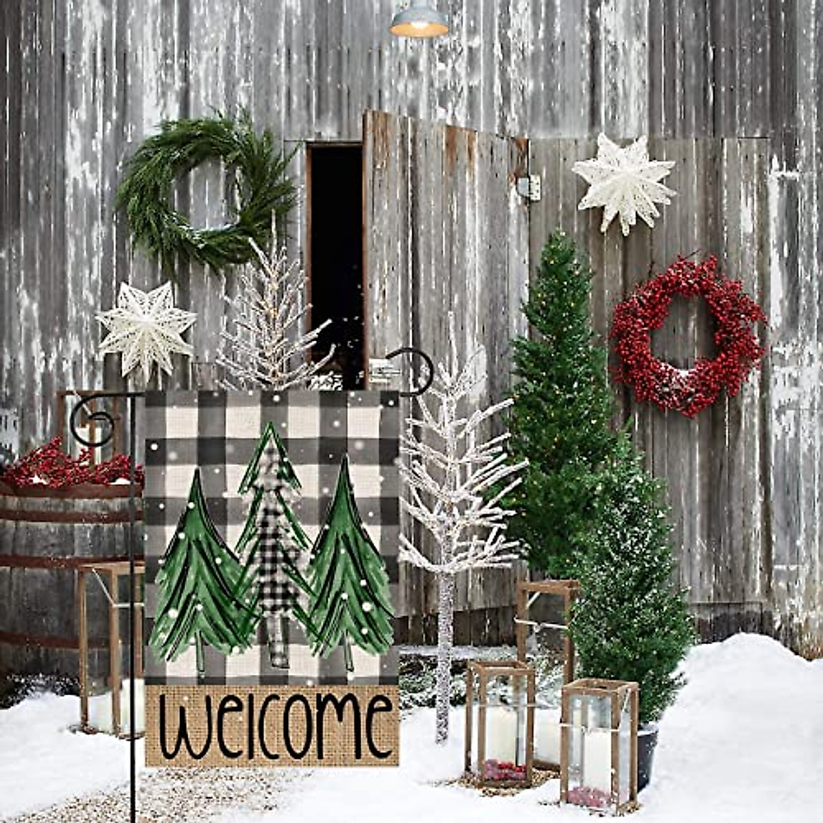 Welcome Christmas Trees Winter Garden Flag 12 x 18 Inch Vertical Double Sided Buffalo Plaid Holiday Yard Outside Xmas Décor
