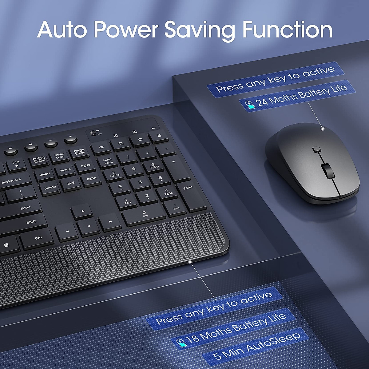 Veilzor Wireless Keyboard and Mouse Combo, 2.4GHz Lag-Free Ergonomic Keyboard Full-Size with Phone Holder & 10 Independent Shortcuts, Silent Mouse with 4 DPI for Computer, Desktop, Laptop