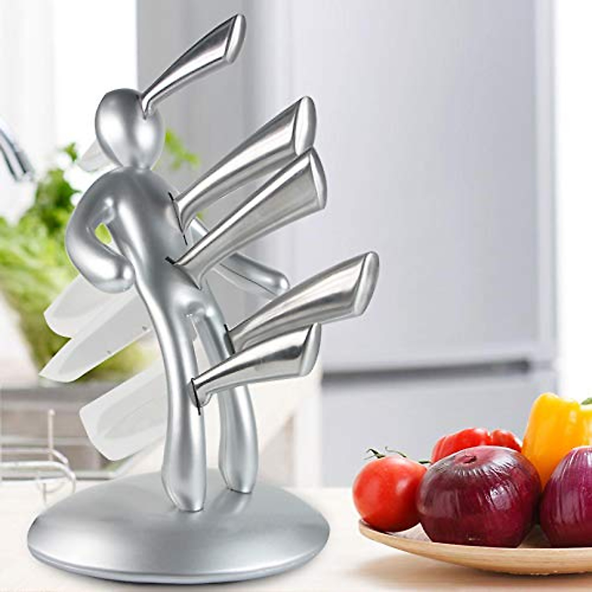 Kitchen Knife Set with Block, Unique Set of Silver Human for Kitchen Knives, Knife Block Set with 5 Stainless Steel Knives