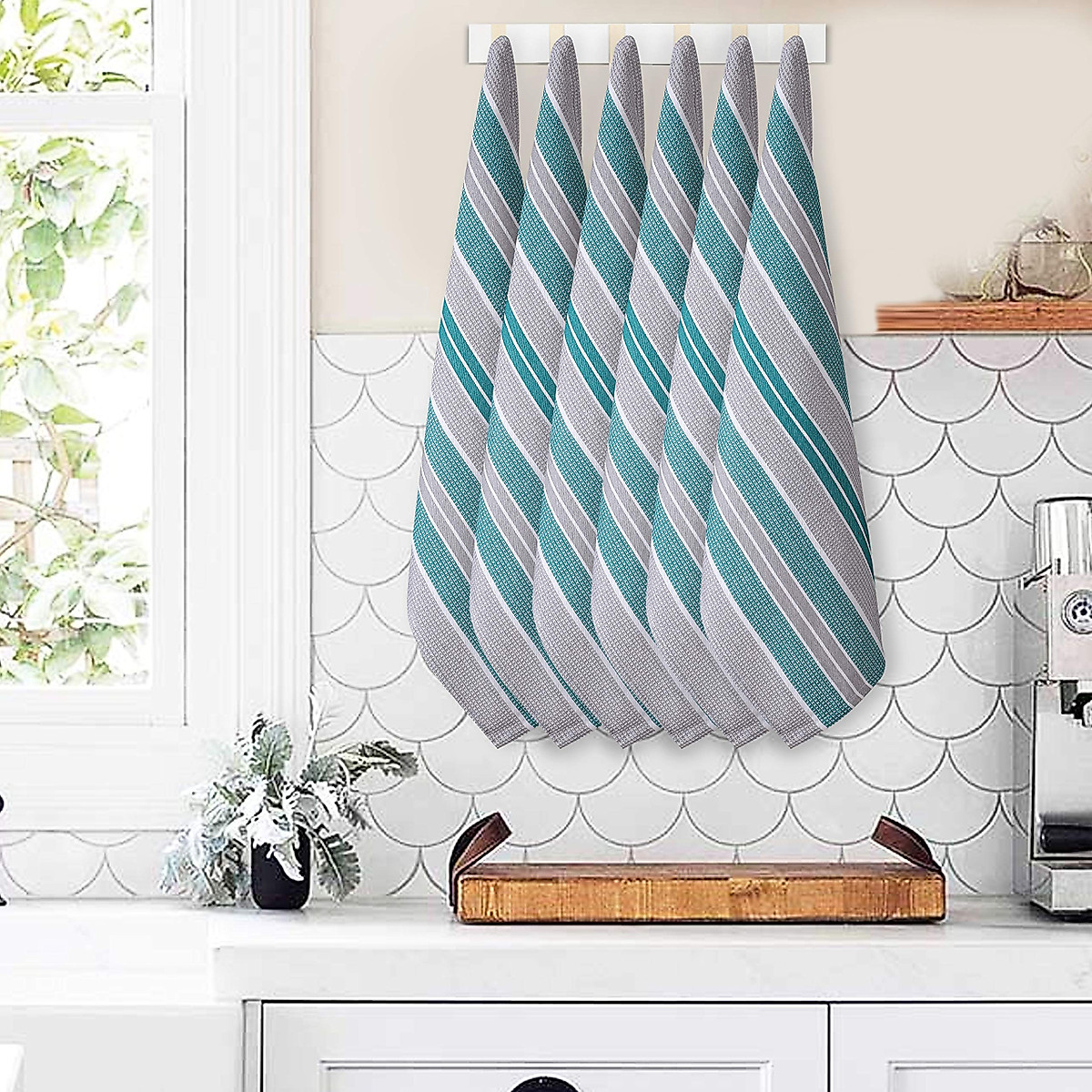 100% Cotton Dish Towels, Honeycomb Pattern, Absorbent, Quick Dry, Professional Grade, Tea Towels Set of 6, Teal Grey, 18x28 Inches