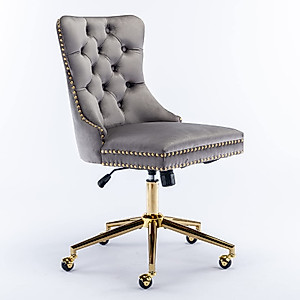 i-POOK Swivel Shell Office Chair, Velvet Upholstered Tufted Button Home Office Chair with Golden Metal Base and 5 Wheel, Adjustable Desk Chair Swivel Task Chair for Living Room Bedroom, Gray