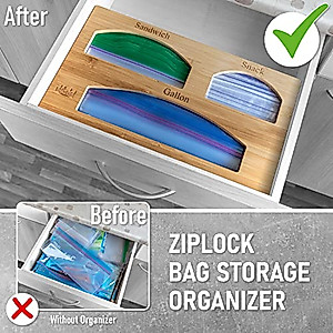 KitchenKit Bamboo Ziplock Bag Storage Organizer and Dispenser for Narrow Kitchen Drawer Suitable Gallon, Sandwich Snack Sizes, Plastic Baggies 3 Compartments Wooden Holder