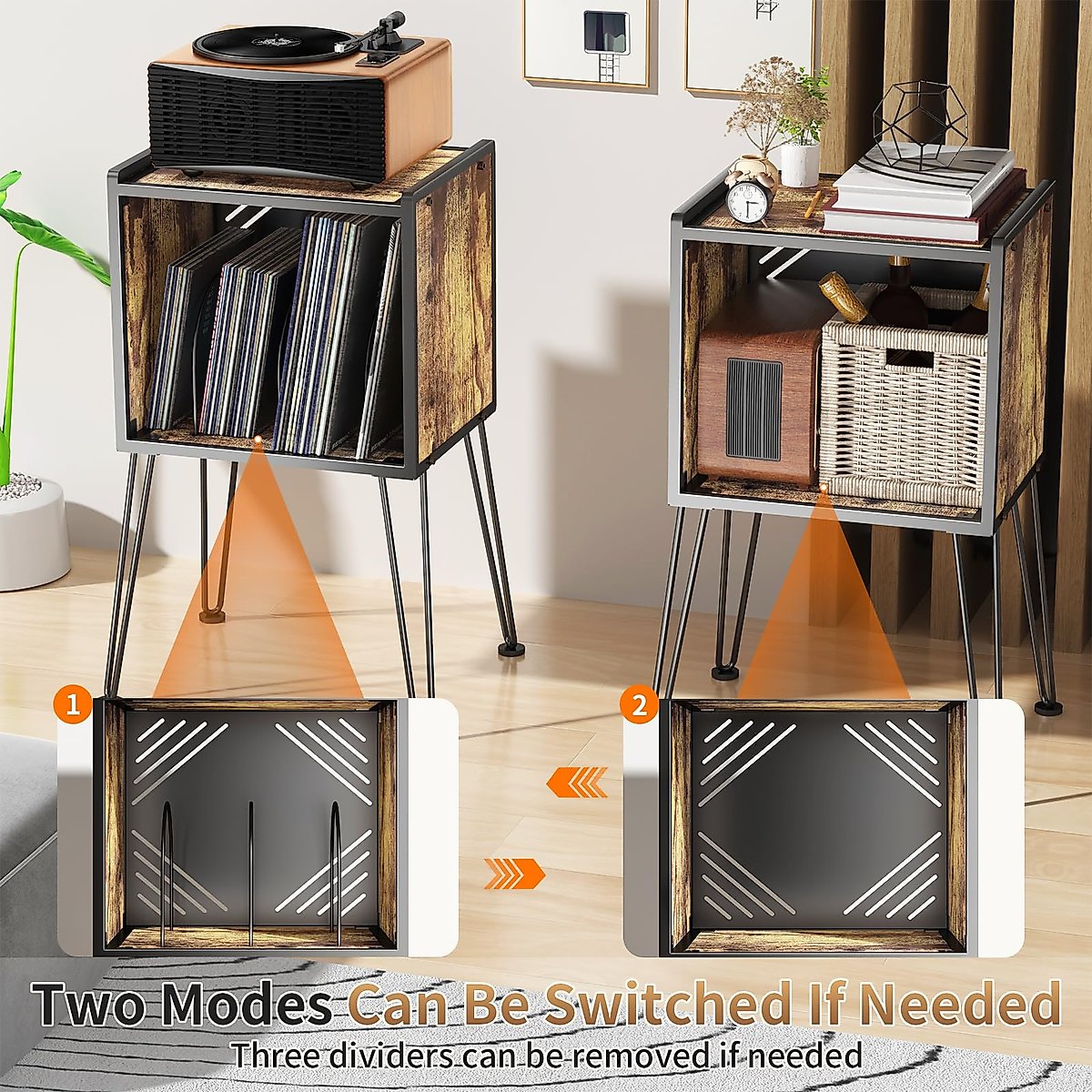 RUILALIFE Record Player Stand Table with Vinyl Holder, 3 Tier Turntable Stand with Albums Storage Shelf，Small Side Tables for Small Spaces, End Table with Drawer for Bedroom Living Room (Cabinet)