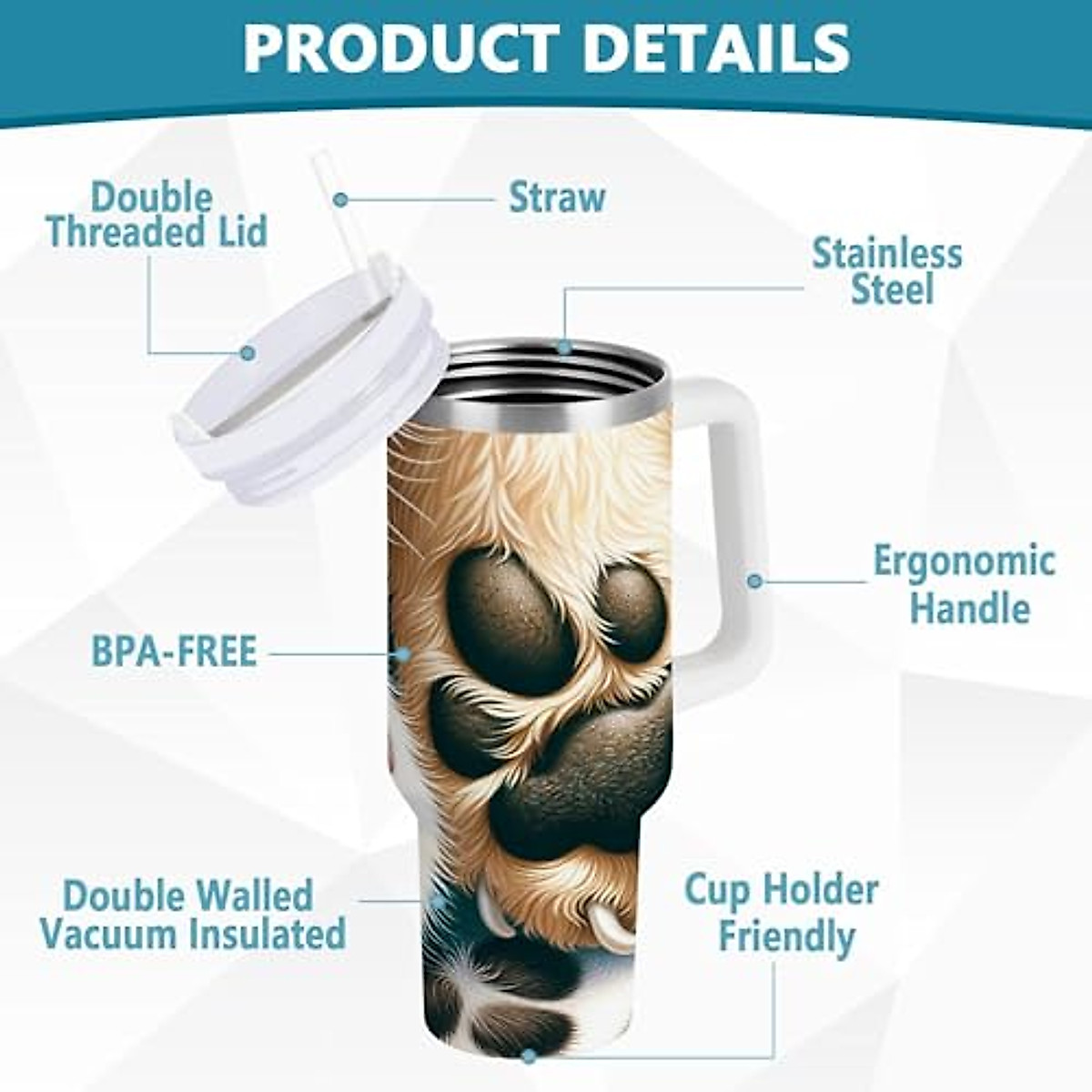 Burbuja Funny Cat Dog Paws 40oz Insulated Tumblers with Handle and Straw Lid, Double Wall Stainless Steel Travel Mug Leak-Proof, BPA Free, Gift for Mom Dad