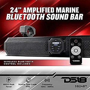 DS18 SB24BT 24" Marine Amplified Power Sports Bluetooth Sound Bar System USB Port IPX5 Rated Weatherproof 600 Watts Peak Power - Ideal for ATV UTV Jeeps Side by Side Marine Golf Car