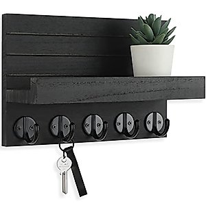 Lwenki Key Holder for Wall, Decorative Key and Mail Holder with Shelf Has Large Key Hooks for Bags, Coats, Umbrella – Paulownia Wood Key Hanger with Mounting Hardware (9.8”W x 6.7”H x 4.2”D)
