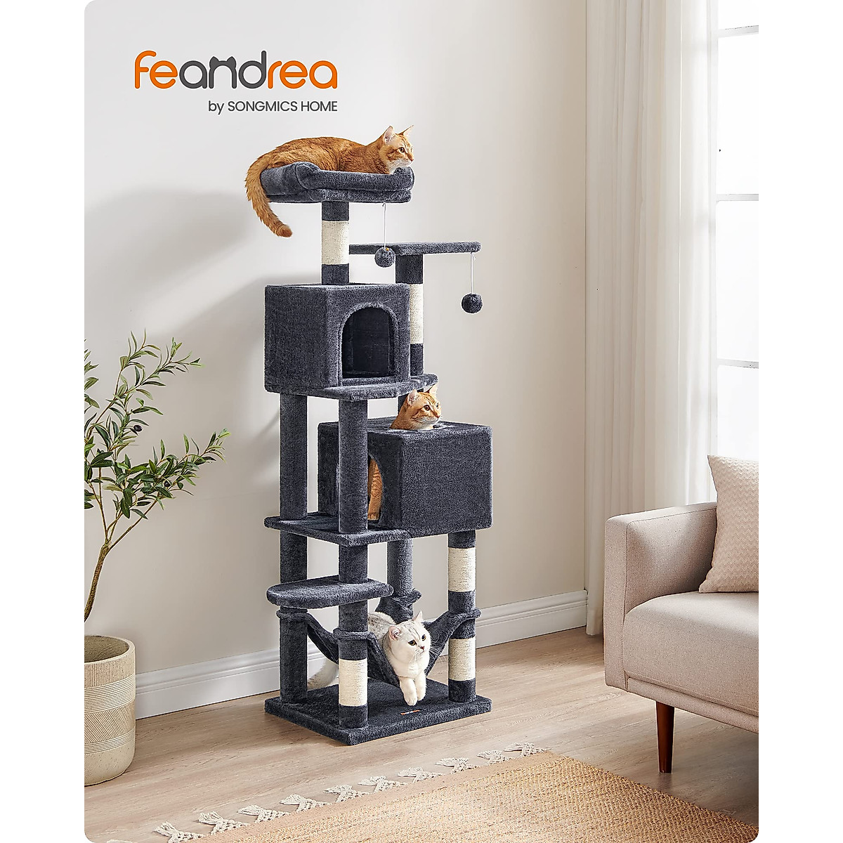 Feandrea Cat Tree, 61-Inch Cat Tower for Indoor Cats, Plush Multi-Level Cat Condo with 5 Scratching Posts, 2 Perches, 2 Caves, Hammock, 2 Pompoms, Smoky Gray UPCT192G01