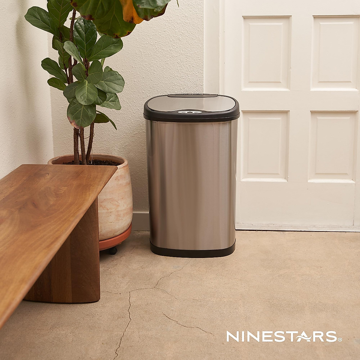 Ninestars DZT-50-13 Automatic Touchless Motion Sensor Oval Trash Can with Black Top, 13 gallon/50 L, Stainless Steel