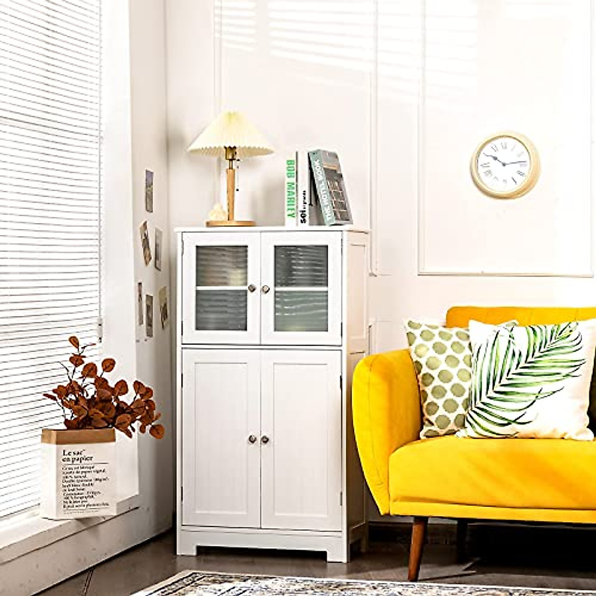 Tangkula Bathroom Floor Cabinet, Freestanding Storage Cabinet w/Glass Doors, Wooden Kitchen Cupboard w/Adjustable Shelf, Bathroom Storage Cabinet for Hallway Living Room Office (Cabinets, White)