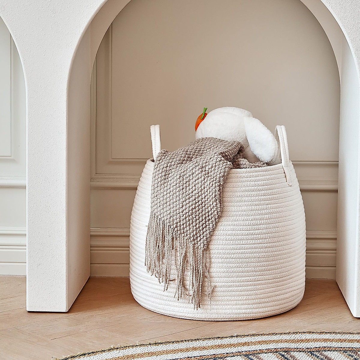 R RUNKA Nursery Laundry Basket | Kids Hamper for Blankets, Pillows,Toys (15"x 13")| Baby Toy Basket | Nursery Storage for Boho Room Decor | Ideal Gift for Baby Showers| White