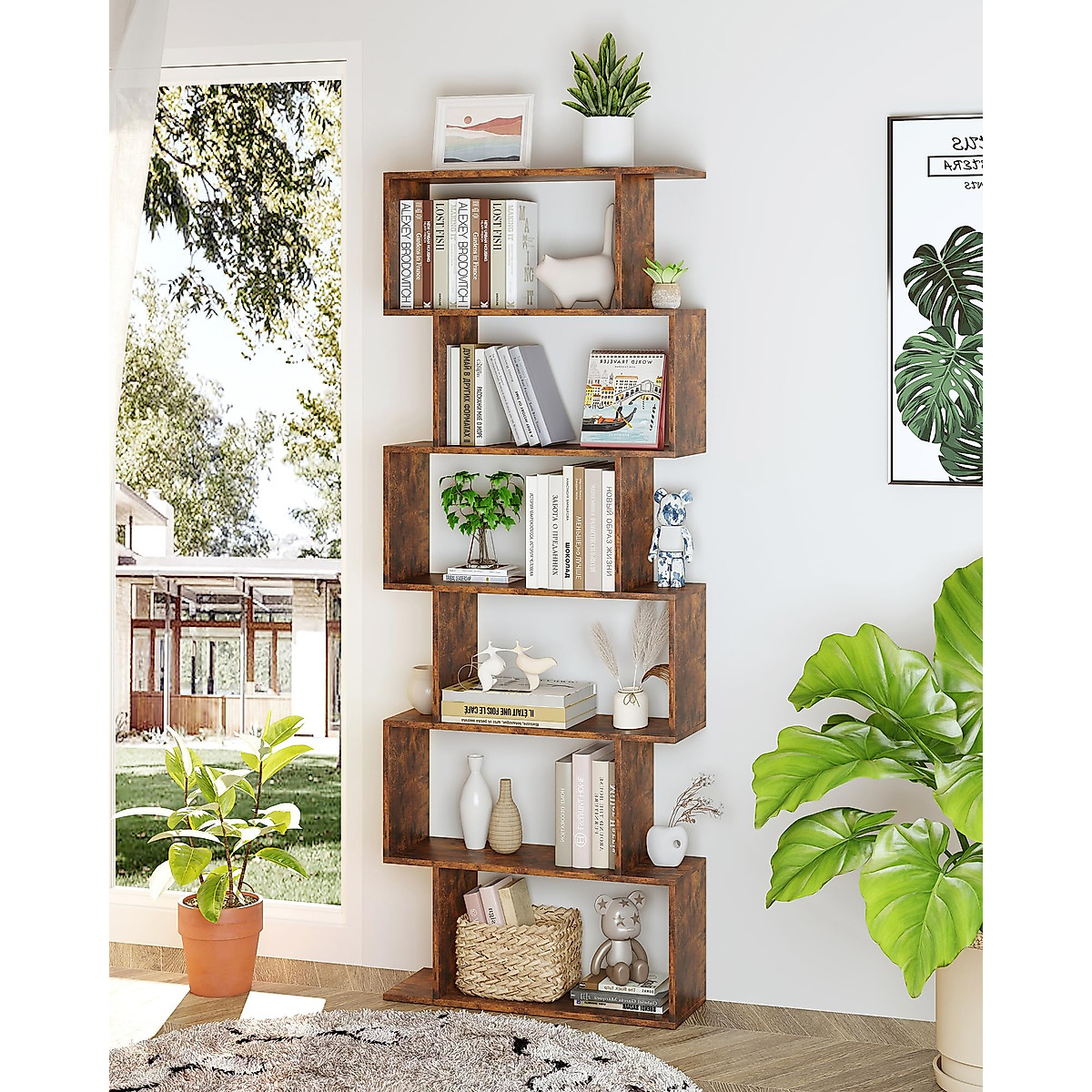 Yusong Geometric Bookcase, Bookshelf 6-Tier S Shaped Book Shelves for Bedroom, Modern Wood Decorative Display Shelf Tall Book Case for Home Office, Rustic Brown