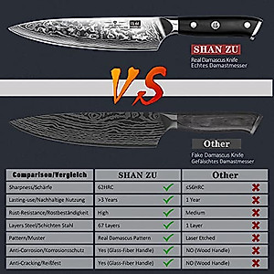 SHAN ZU Chef Knife 8 Inch Japanese Steel Damascus Kitchen Knife, Professional Kitchen Knives Sharp High Carbon Super Steel Kitchen Utility Knife