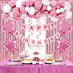 RUBFAC Pink Birthday Decorations for Women and Girls, Happy Birthday Banner, Pink Fringe Curtain, Pink Confetti Balloons, Heart Shape Foil Balloons for Women Girls Birthday Princess Party